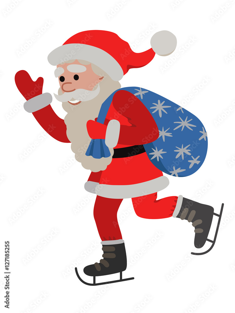 Cartoon Santa ice skates winter sport illustration. Vector drawing ...