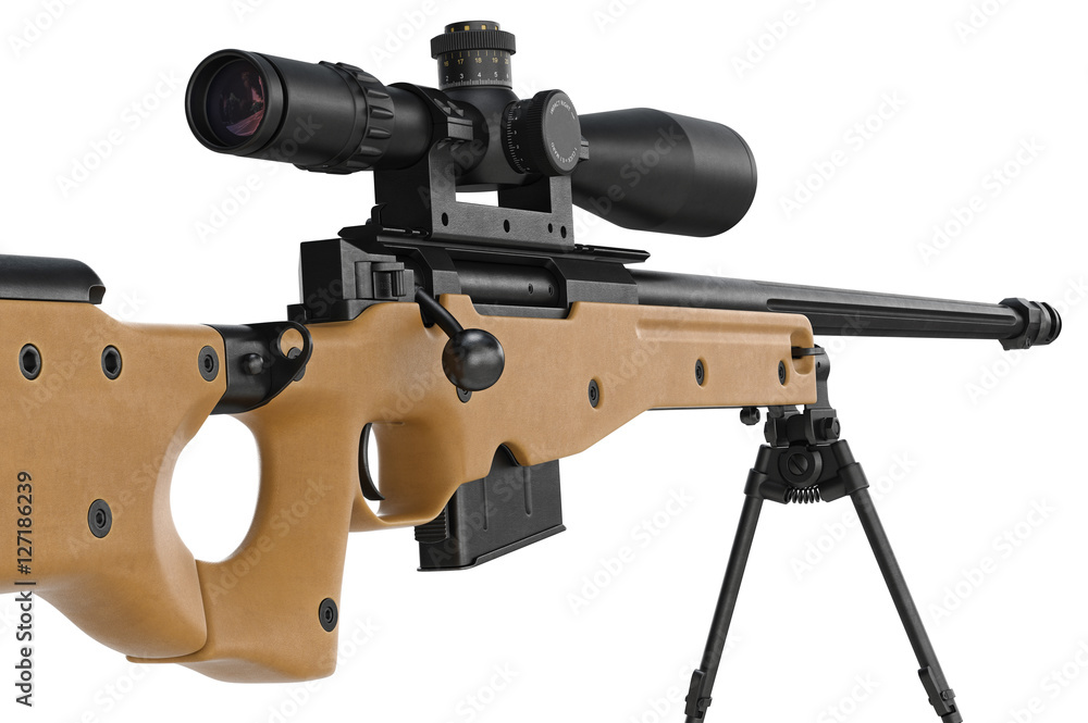 Rifle sniper modern weapon with bipod and scope, close view. 3D graphic ...