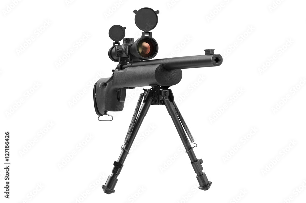 Rifle sniper aiming gun with optical scope, front view. 3D graphic ...