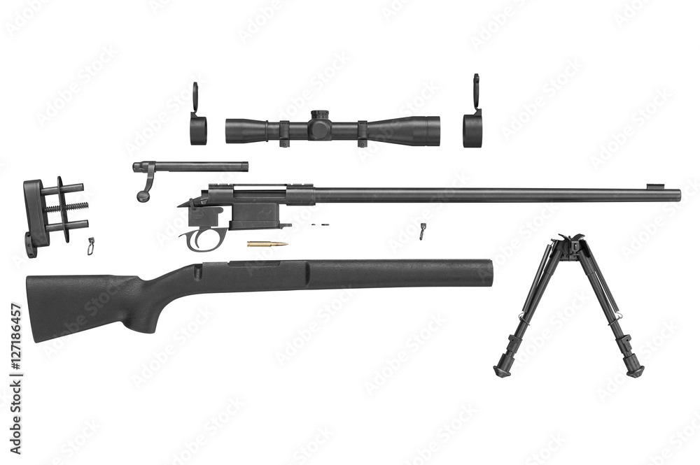 Rifle sniper weapon disassembled, side view. 3D graphic Stock ...