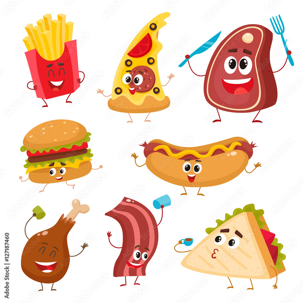 Set of funny fast food characters - pizza, French fries, burger, hot ...