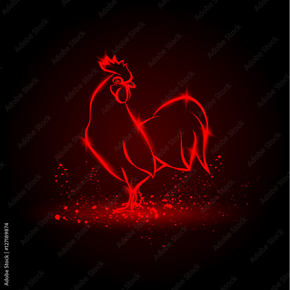 Red neon rooster on a black background. Glowing cock in a linear style ...