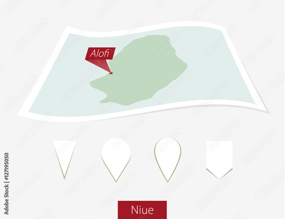 Curved paper map of Niue with capital Alofi on Gray Background. Stock ...