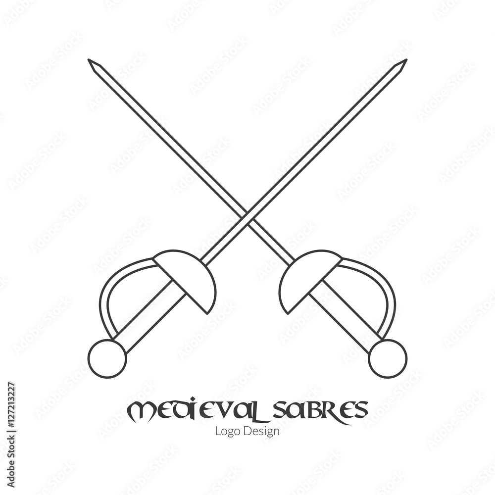 Medieval crossed sabres, swords. Single rapier logo in modern thin line ...