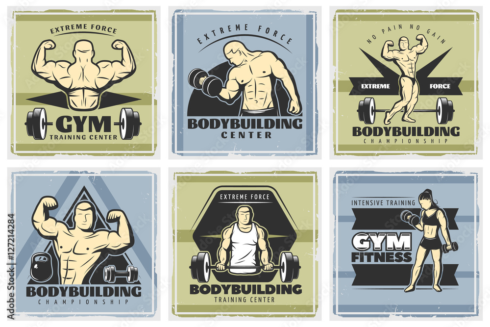 Vintage Body Building Poster Set Stock Vector | Adobe Stock