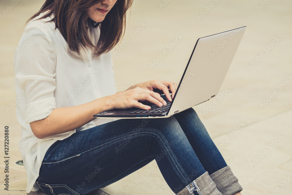 Business woman work typing on laptop at coffee cafe workplace, Working ...