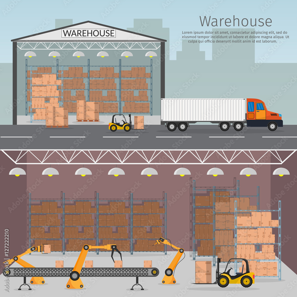 Warehouse automation robotics assembly line interior storage vector set ...