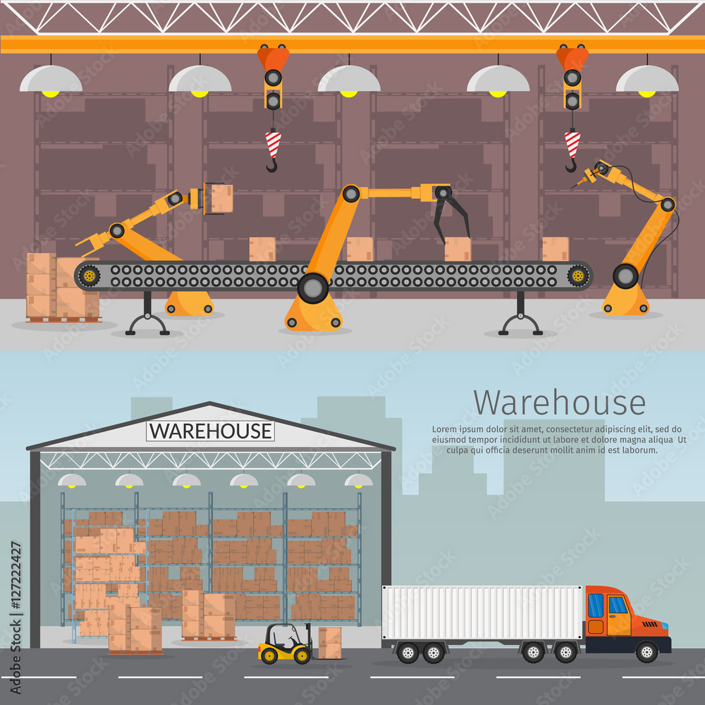 Warehouse automation robotics assembly line interior storage vector set ...