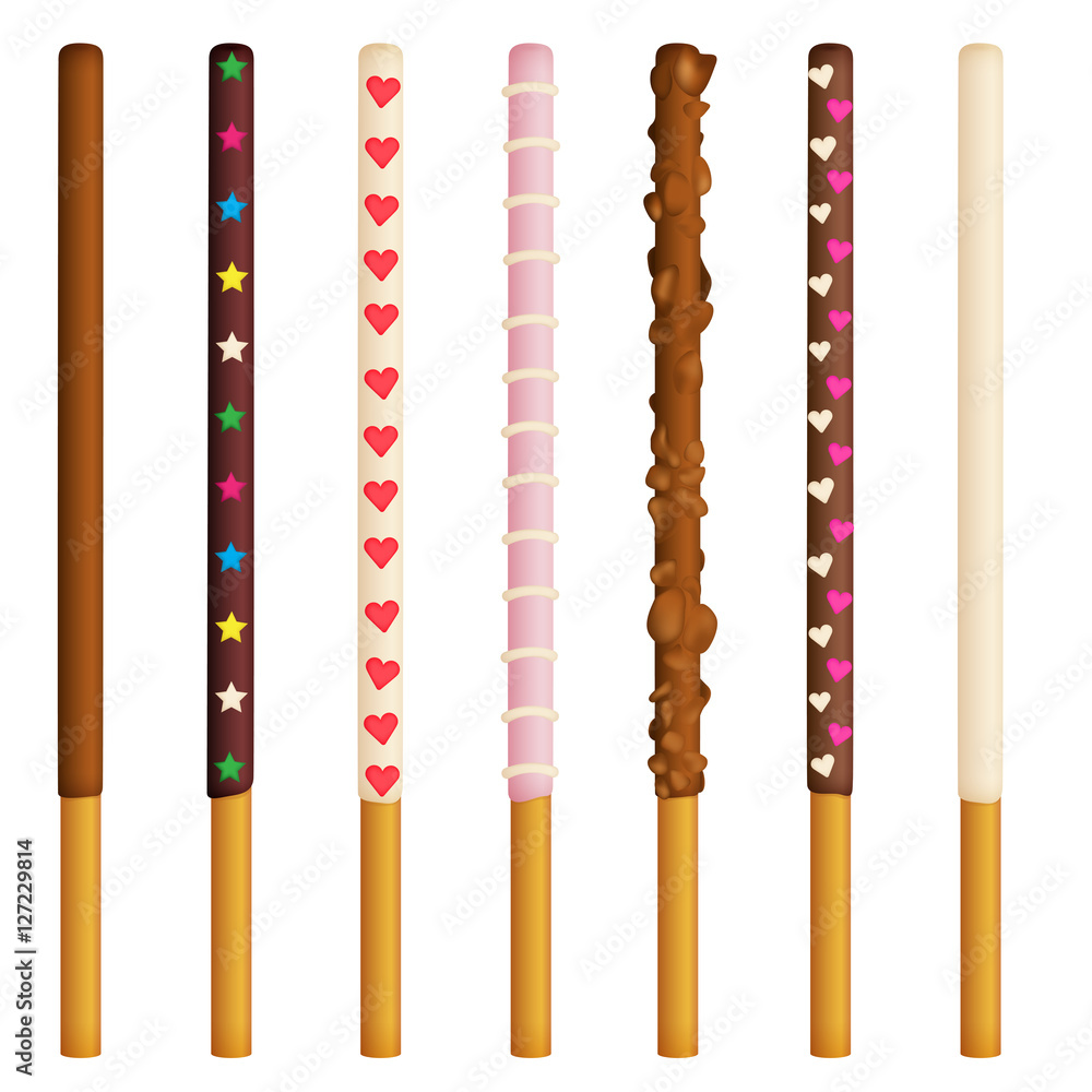 Vector illustration of chocolate dipped cookie sticks on white ...