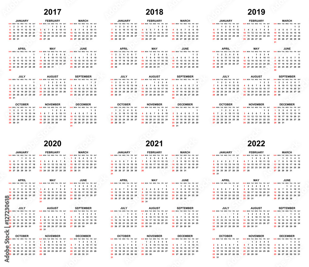 Simple editable vector calendars for year 2017 2018 2019 2020 2021 2022 ...