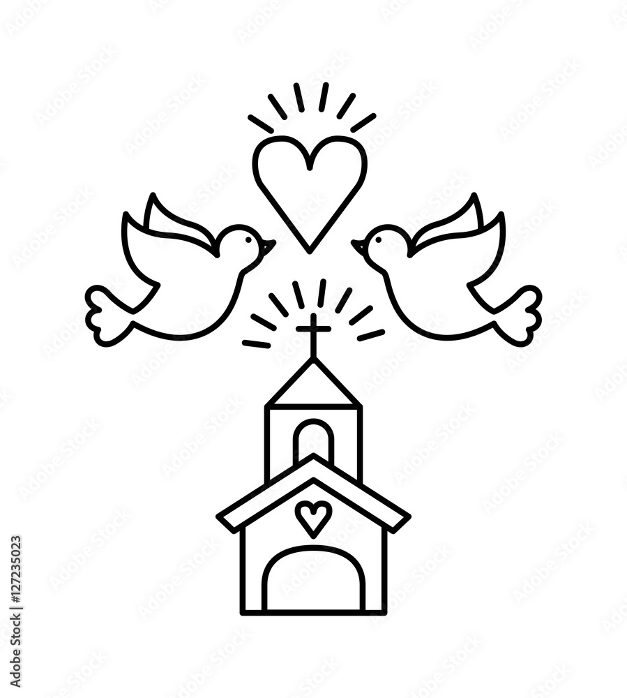 church with doves and heart icons over white background. save the date ...