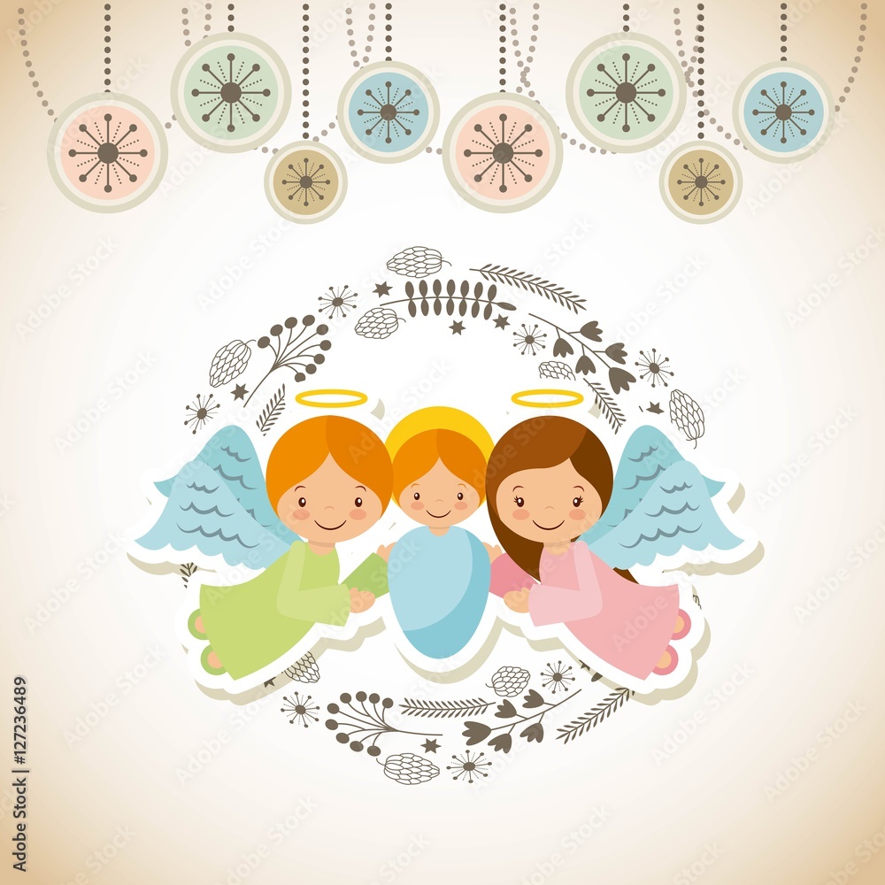 cartoon cute angels and baby jesus with decorative elements. card of ...
