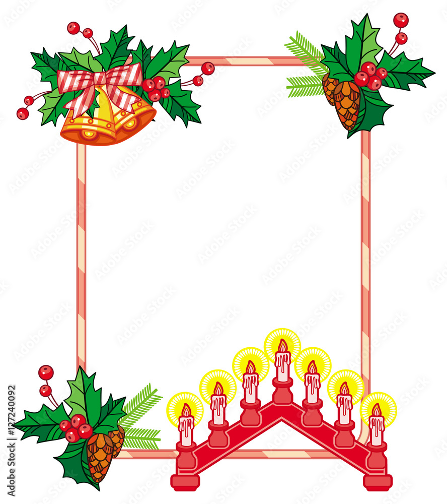 Vertical frame with holly berry, Christmas bells and light candle arch ...