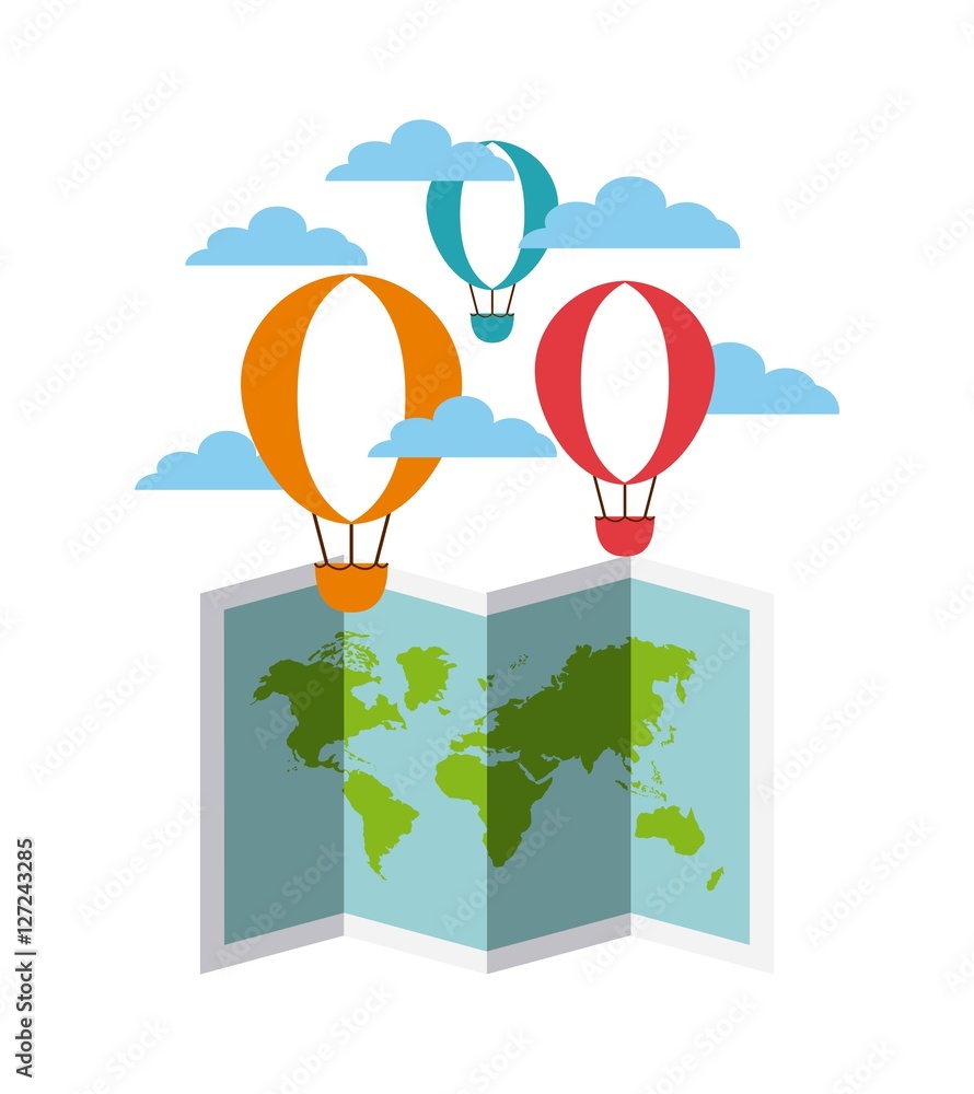 colorful air balloons flying in the sky and world map icon. vector ...
