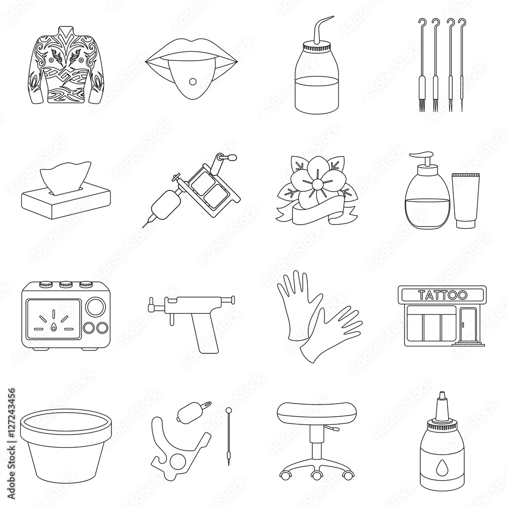 Tattoo studio set icons in outline style. Big collection of tattoo ...