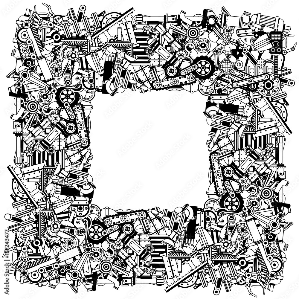 Frame from a variety of spare parts and scrap metal. Black and white ...