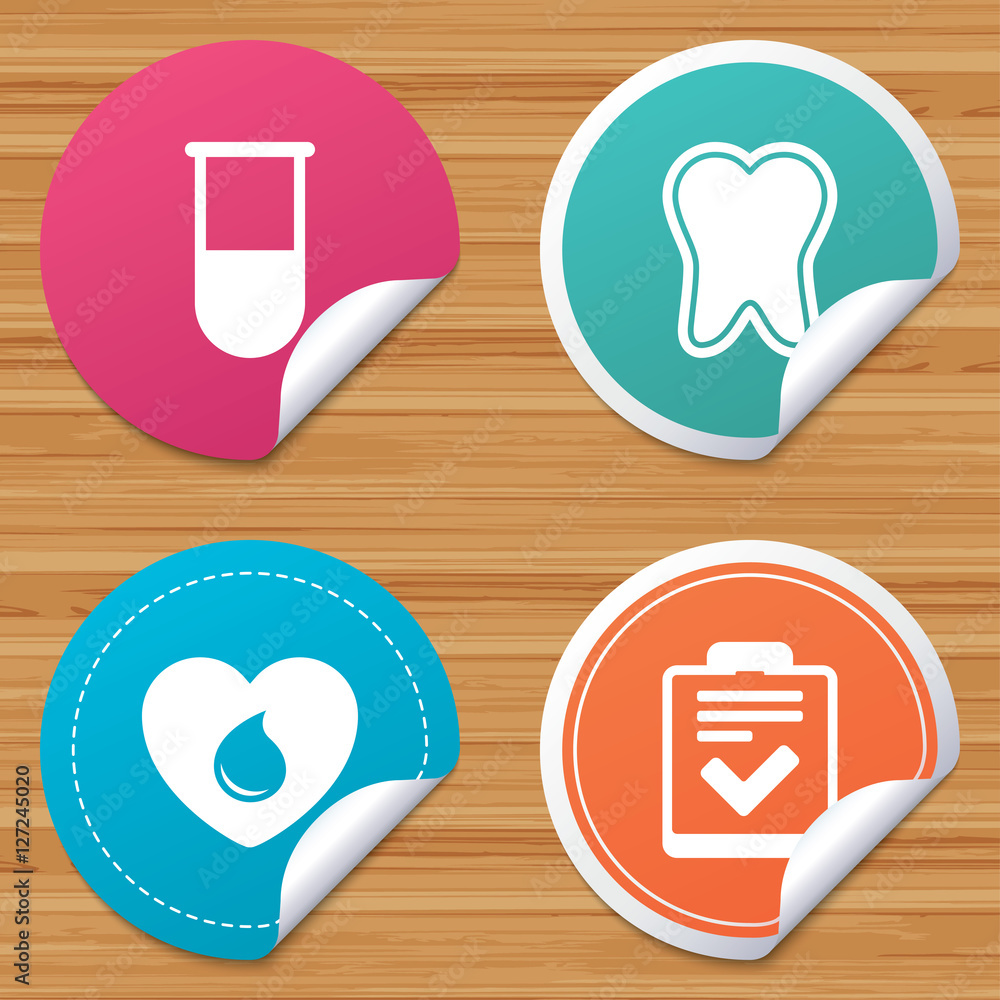 Round stickers or website banners. Medical icons. Tooth, test tube ...