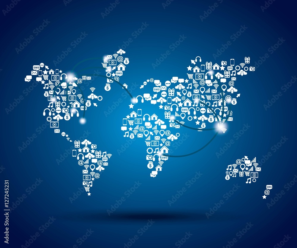 world map icon with social media icons over white background. vector ...