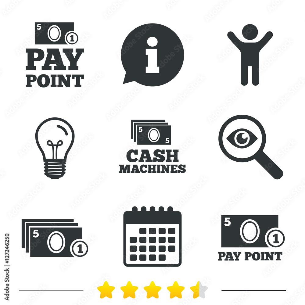 Cash and coin icons. Cash machines or ATM signs. Pay point or ...