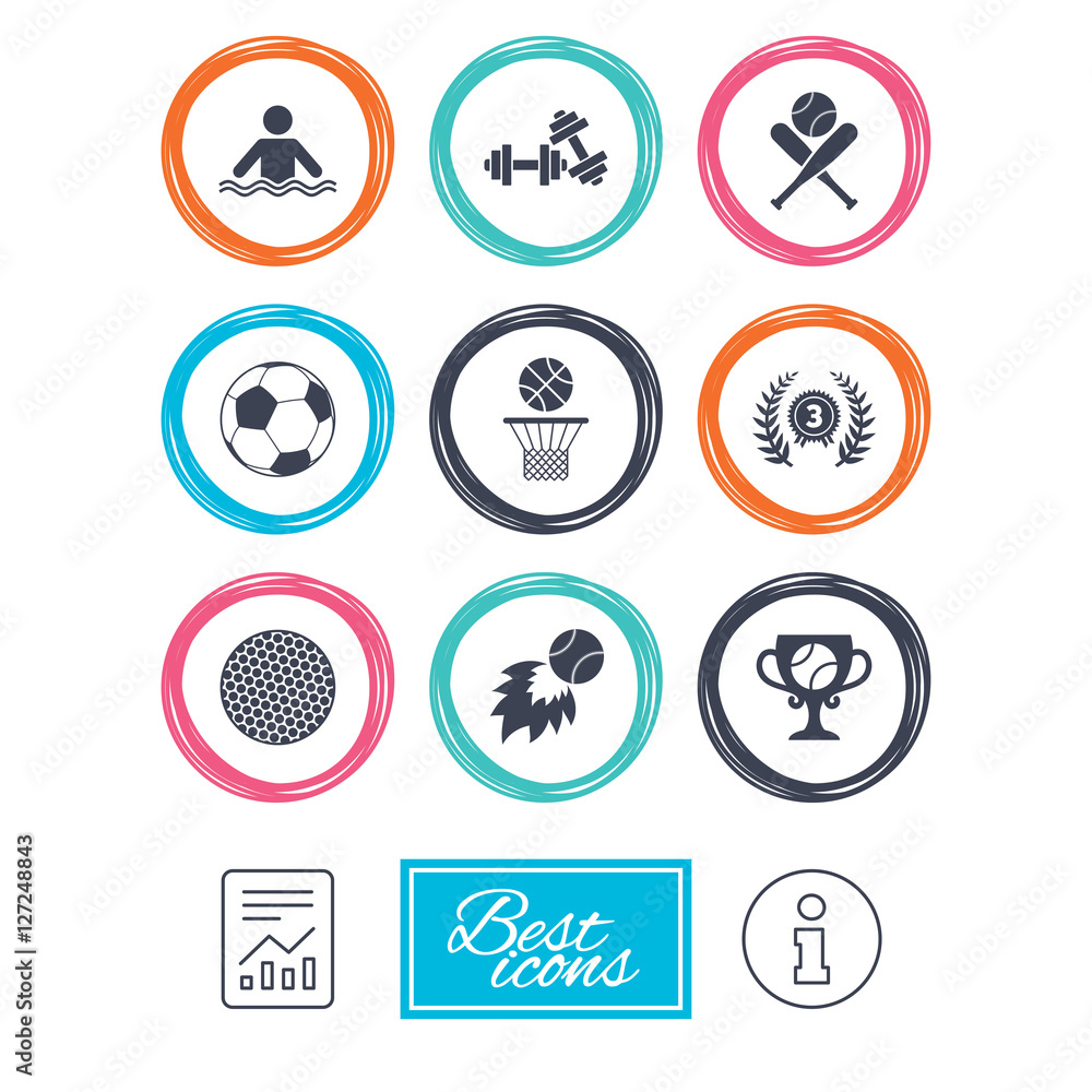 Sport games, fitness icons. Football, basketball and baseball signs ...