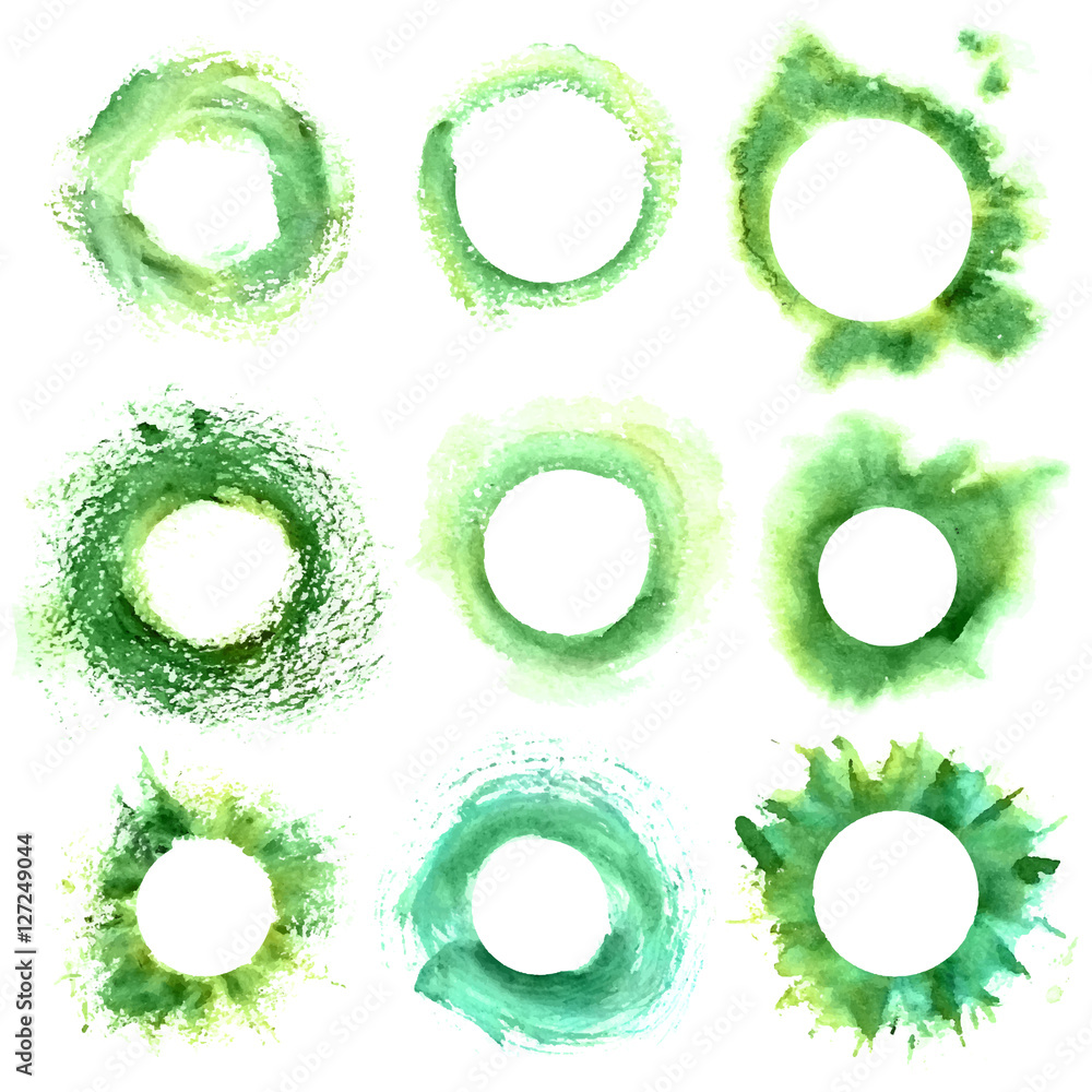 Vector set of round green frame with grunge. Watercolor hand drawn ...
