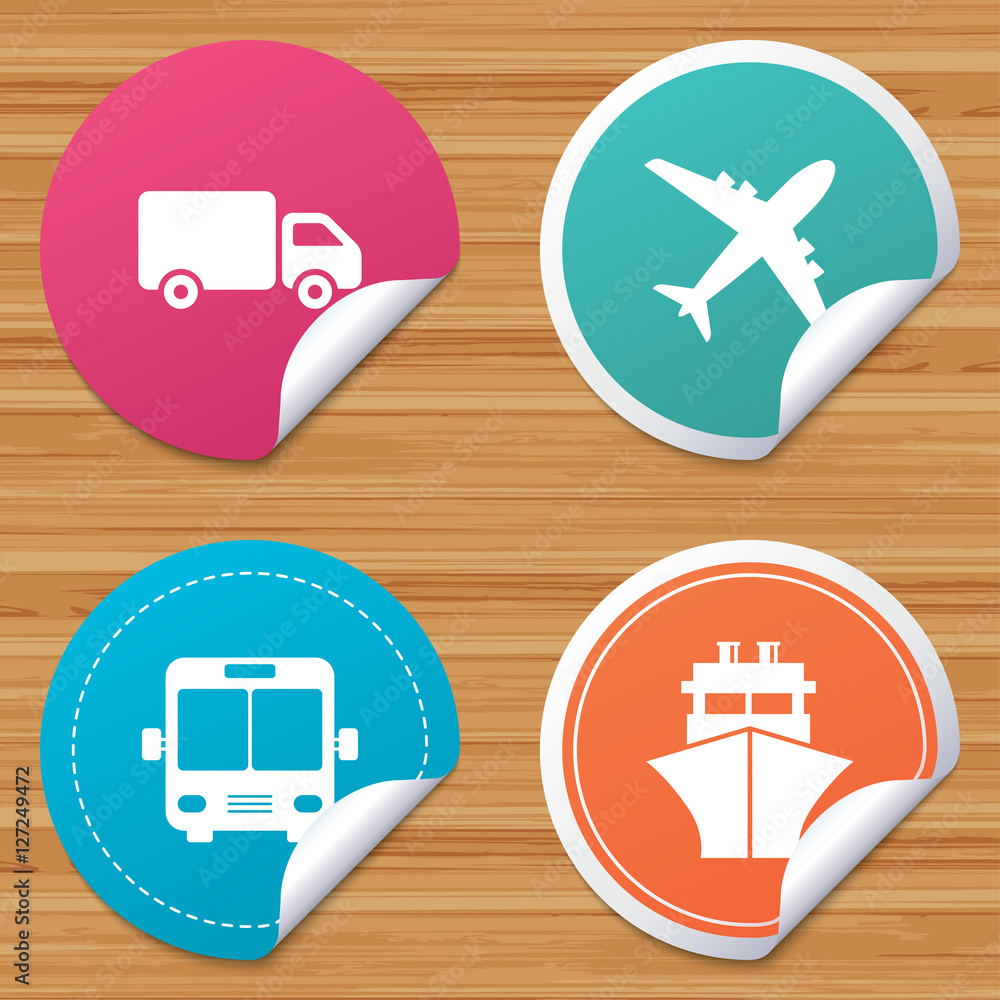 Round stickers or website banners. Transport icons. Truck, Airplane ...