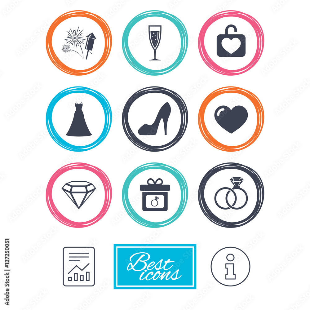 Wedding, engagement icons. Locker with heart, gift box and fireworks ...