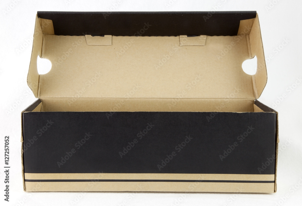 Black and tan shoe box. Side angle view. Lid open. Horizontal. Stock ...