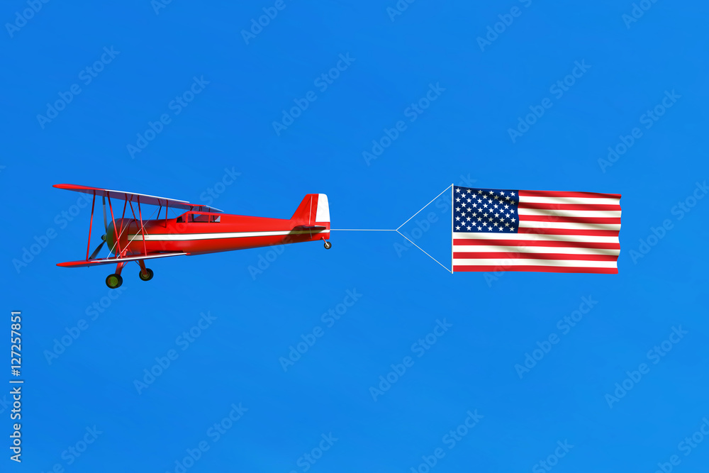 Flying airplane and USA flag (American flag) on blue sky. 3D ...