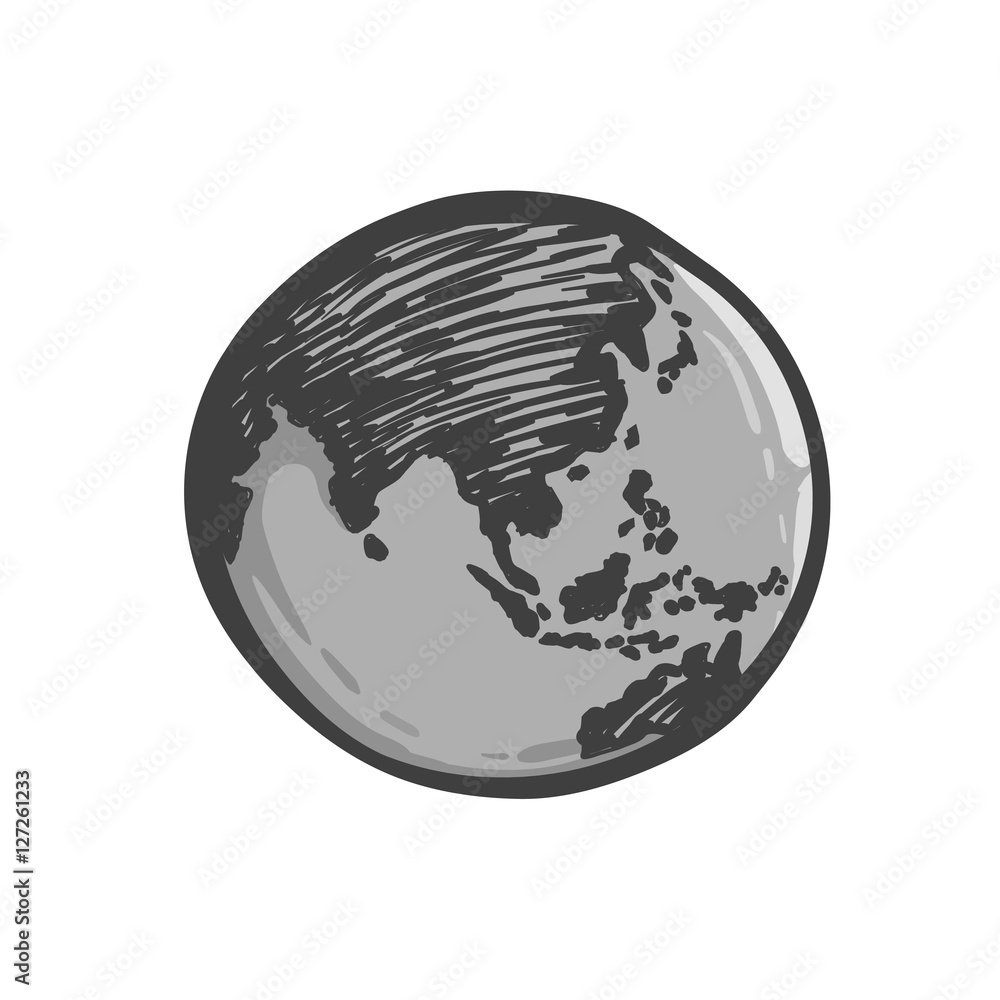 Earth icon hand-drawn on white background. World map in doodles style ...