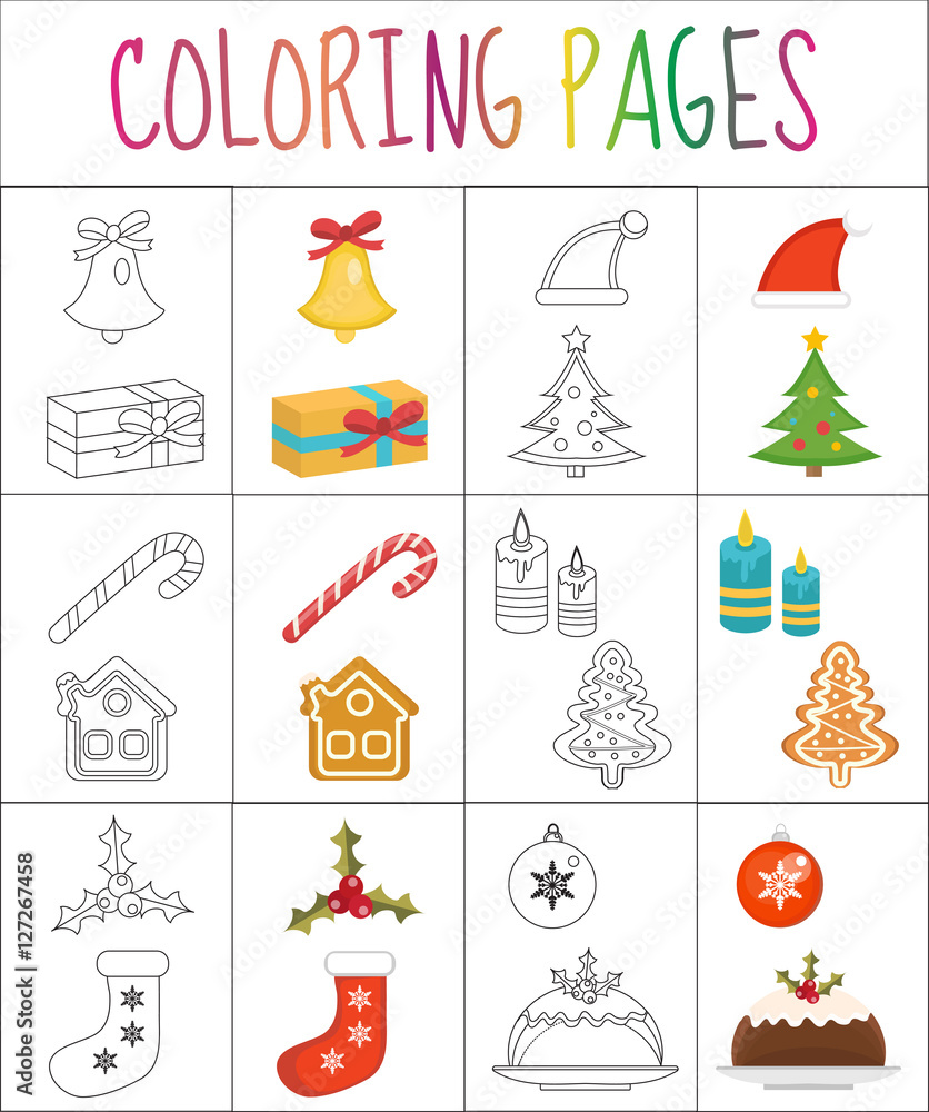 Coloring book page. Christmas set. Sketch and color version. Coloring ...
