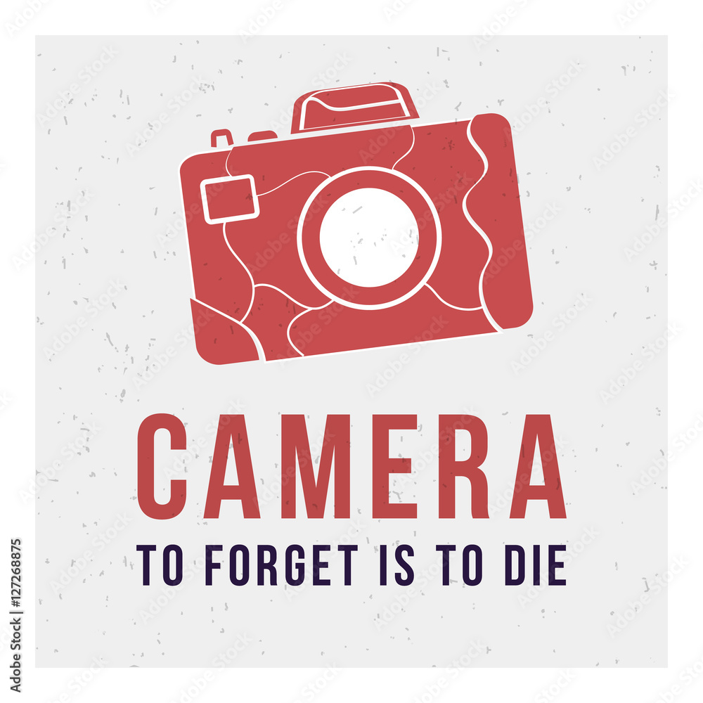 Red broken camera on a grey background with mesh and the words:camera ...