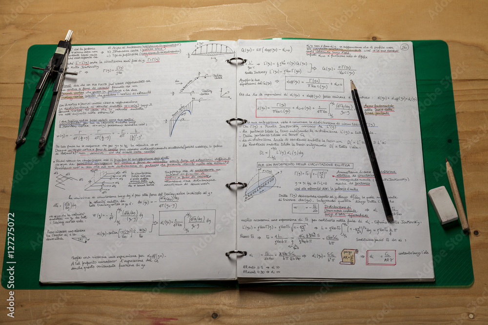 Mathematics, Equations , aerodynamics handwritten notes close-up. Pen ...