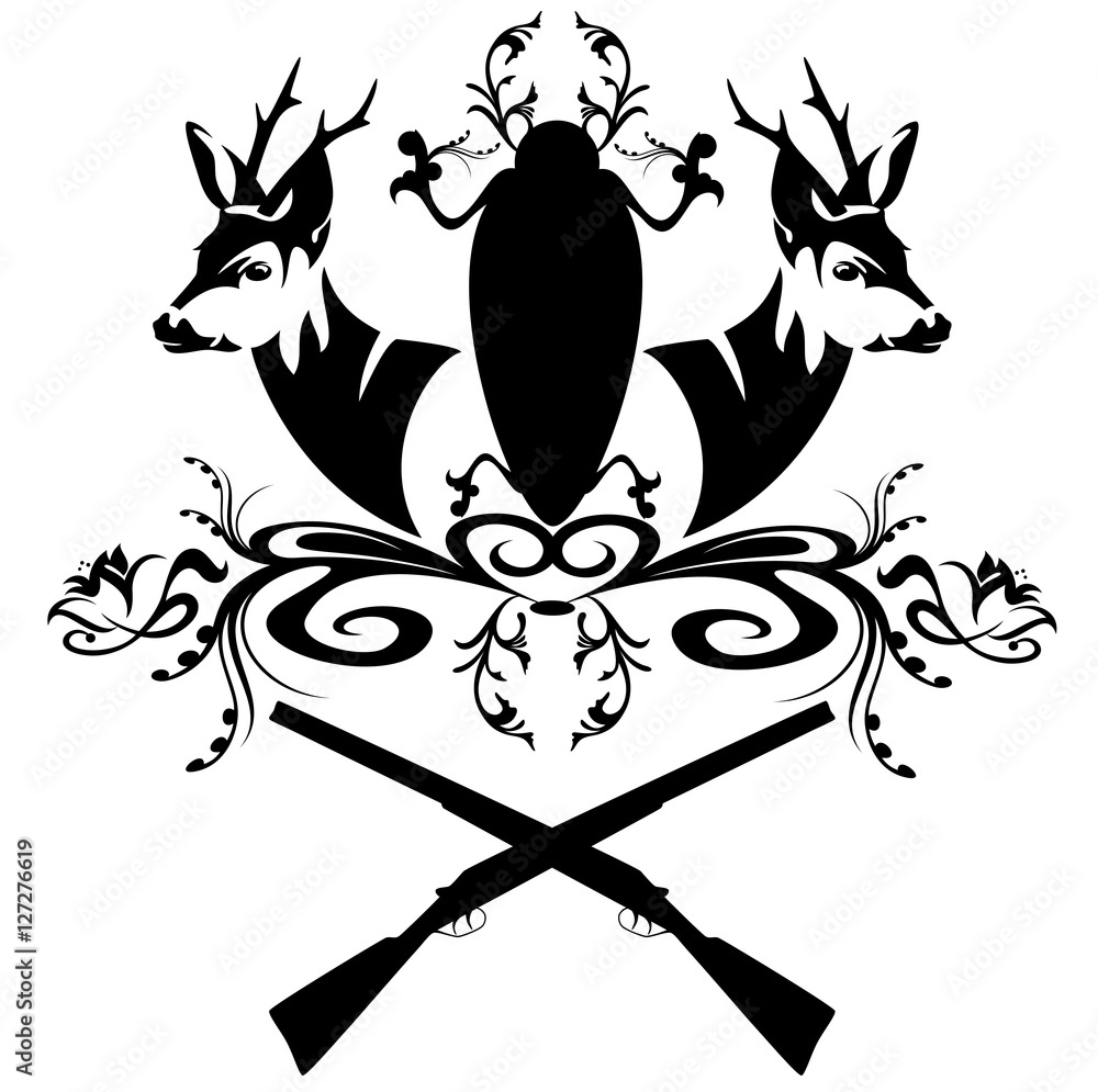 hunt-emblem-with-deer-heads-and-guns-black-and-white-vector-design