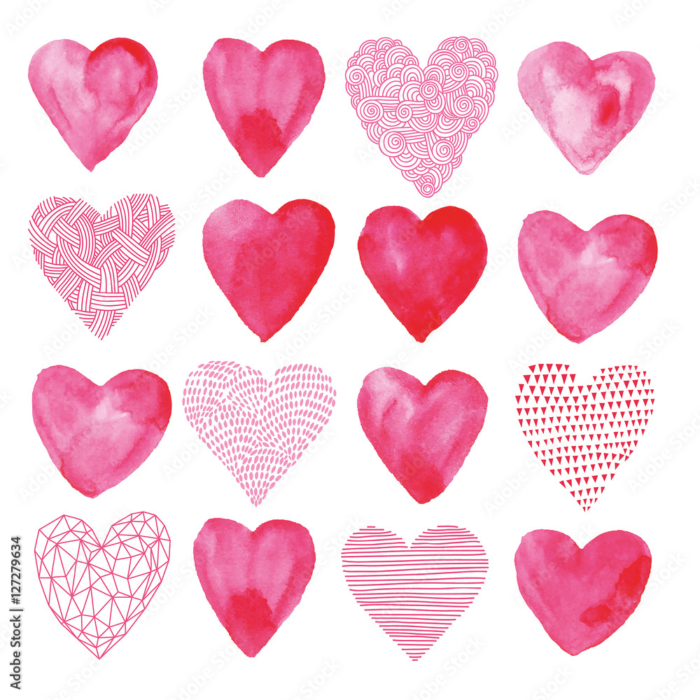 Heart/The pattern of hearts painted with water colours and different ...