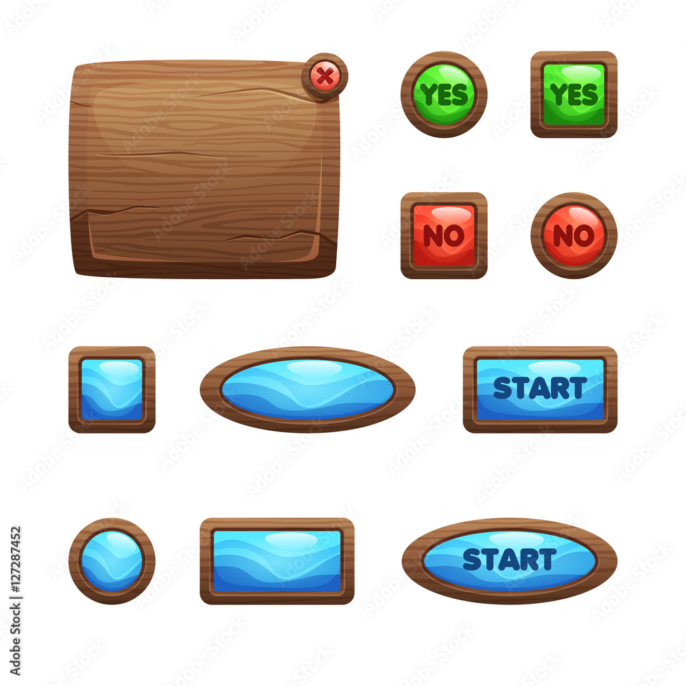 Cartoon wooden game user interface, vector asset for mobile gui Stock ...