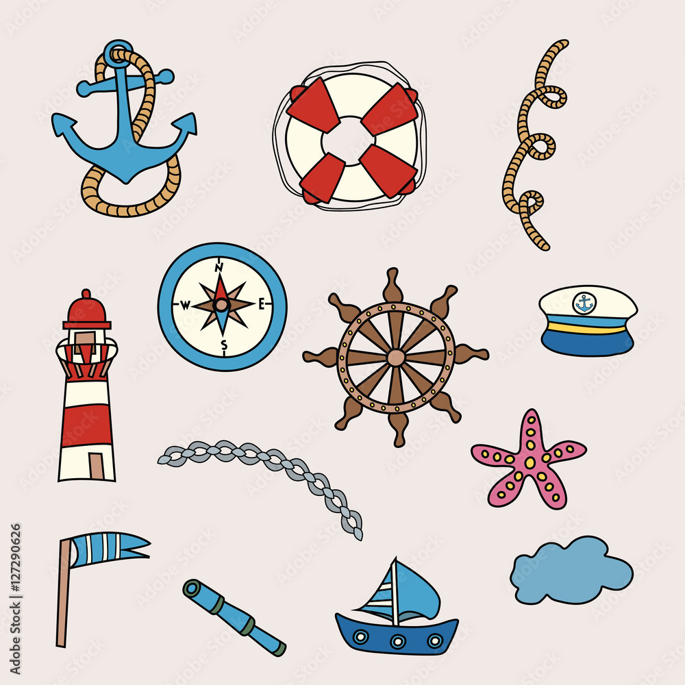 Sea and nautical design set. Cartoon free hand draw doodle vector ...