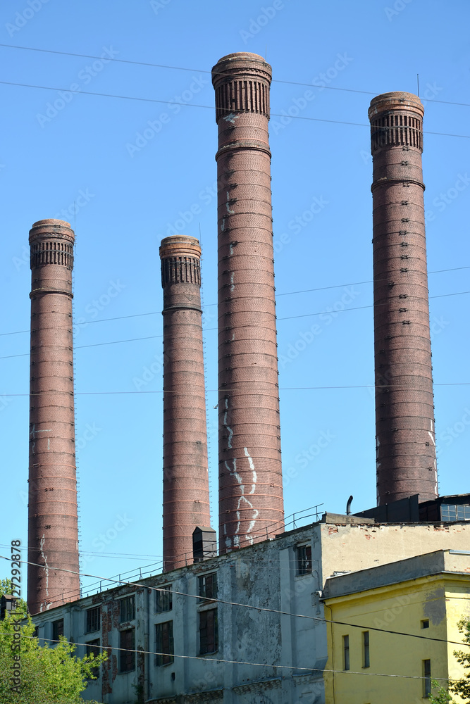 Machine hall and chimneys of the central power plant of the Belg Stock ...