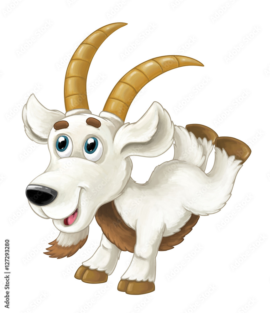 Cartoon happy horned goat is running jumping looking and smiling ...