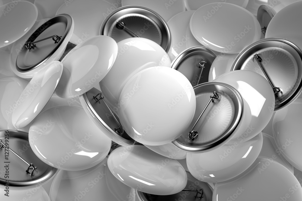 Many blank button badges mockup, clipping path, 3d rendering. A lot of ...