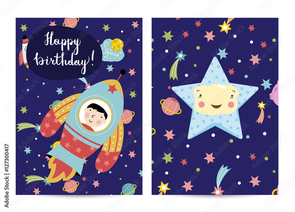 Happy birthday cartoon greeting card on space theme. Cute smiling star ...