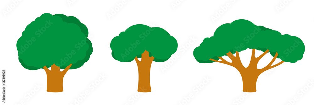 Set of trees of different shapes and sizes with a dark green foliage ...