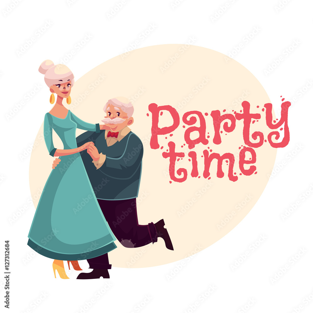 Old, senior man and woman dancing, cartoon style invitation, banner ...