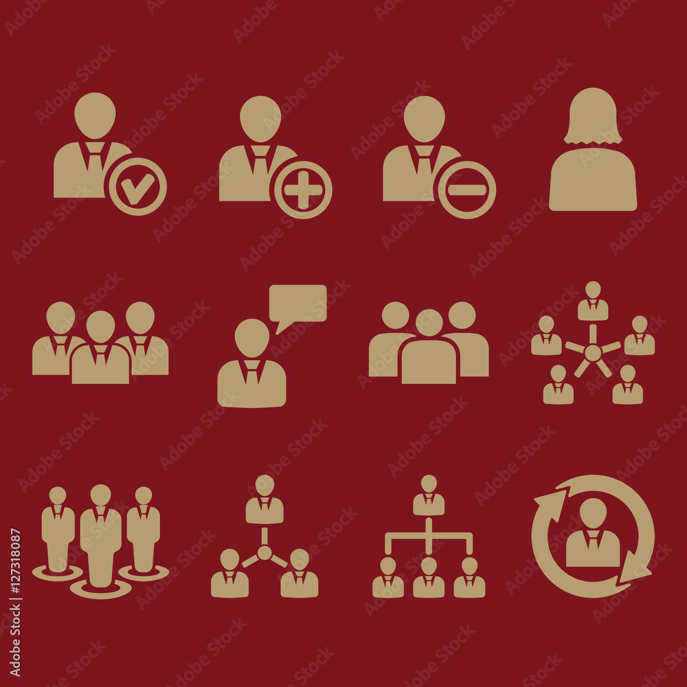 The management icon, set of 12 icons. Team and group, teamwork, people ...