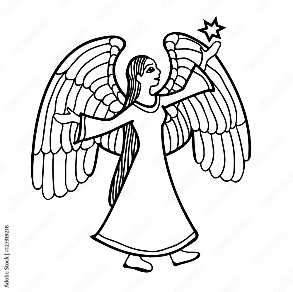 Vector illustration of angel with star black and white Stock Vector ...