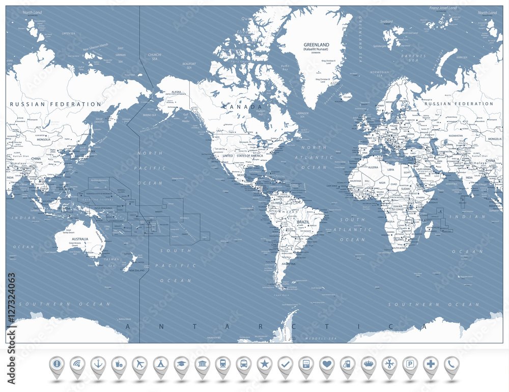 America Centered World Map and 3D navigation icons Stock Vector | Adobe ...