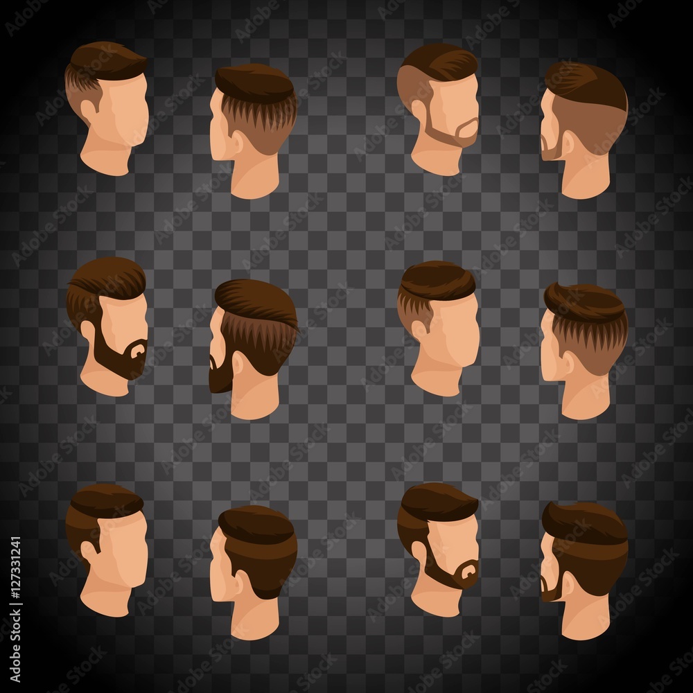 Isometric set of avatars, men's hairstyles, hipster style. Laying ...