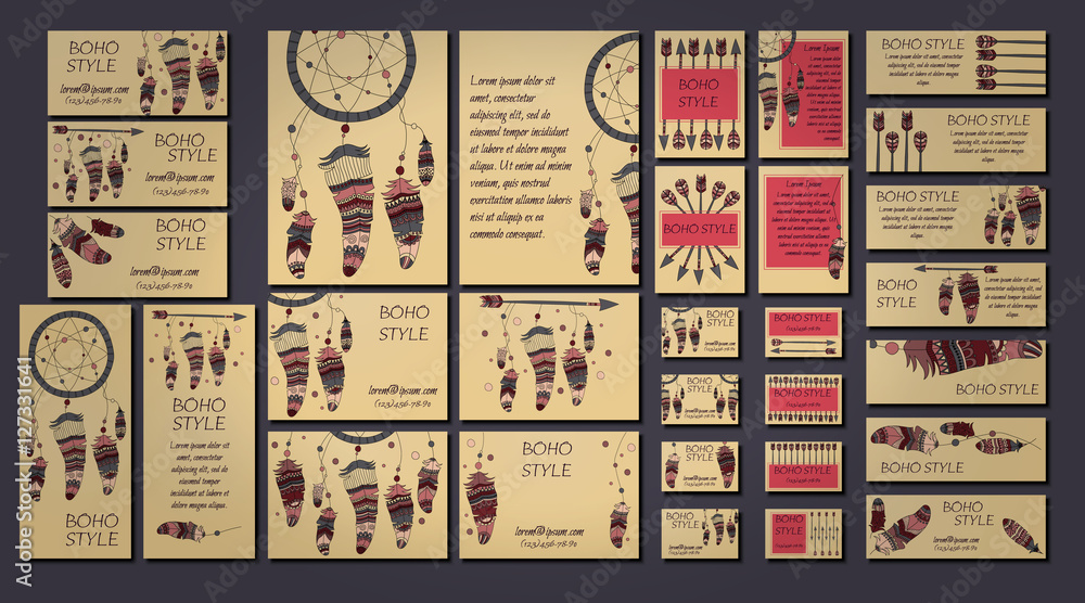 Boho design brochure and business card templates with dreamcatcher ...