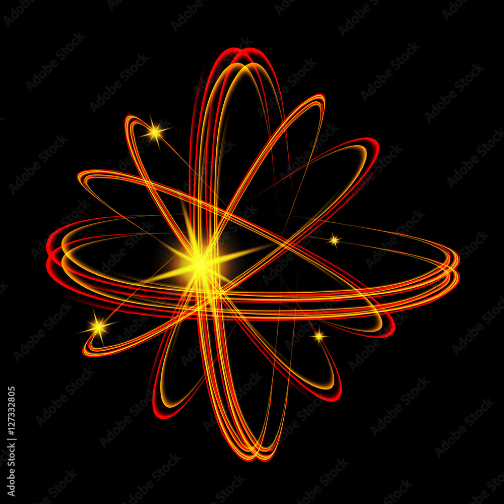Shining neon lights atom model. Crossed circles light train effect ...