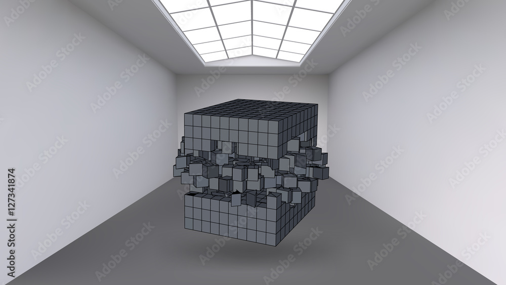 Hanging the cube from a multitude of small polygons in the large empty ...